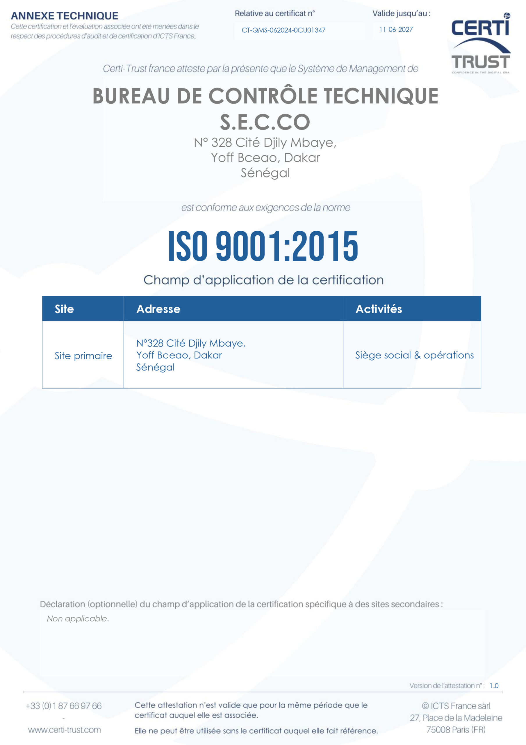 S.E.C.CO – Expertise, Assistance et Contrôle Technique, Bureau de contrôle